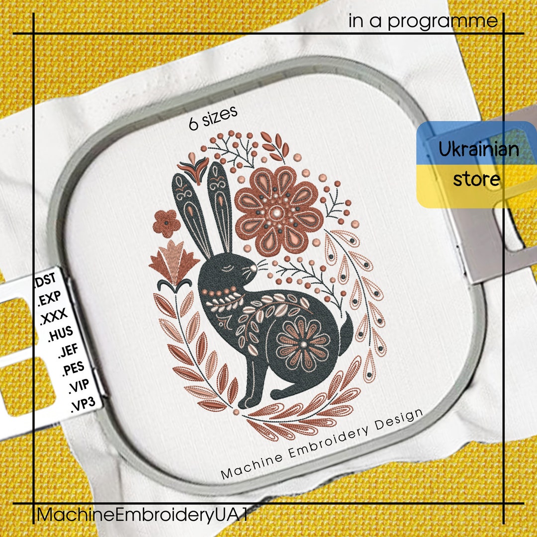 Floral Bunny Machine Embroidery Design Folk Motifs Bunny and - Etsy