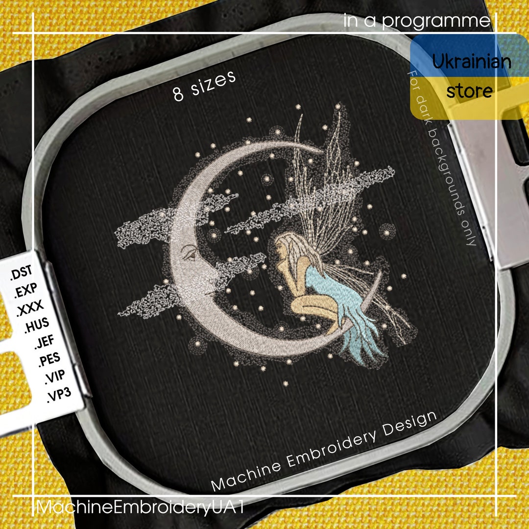 Magic Fairy on the Moon Machine Embroidery Design Fairy on the Moon ...