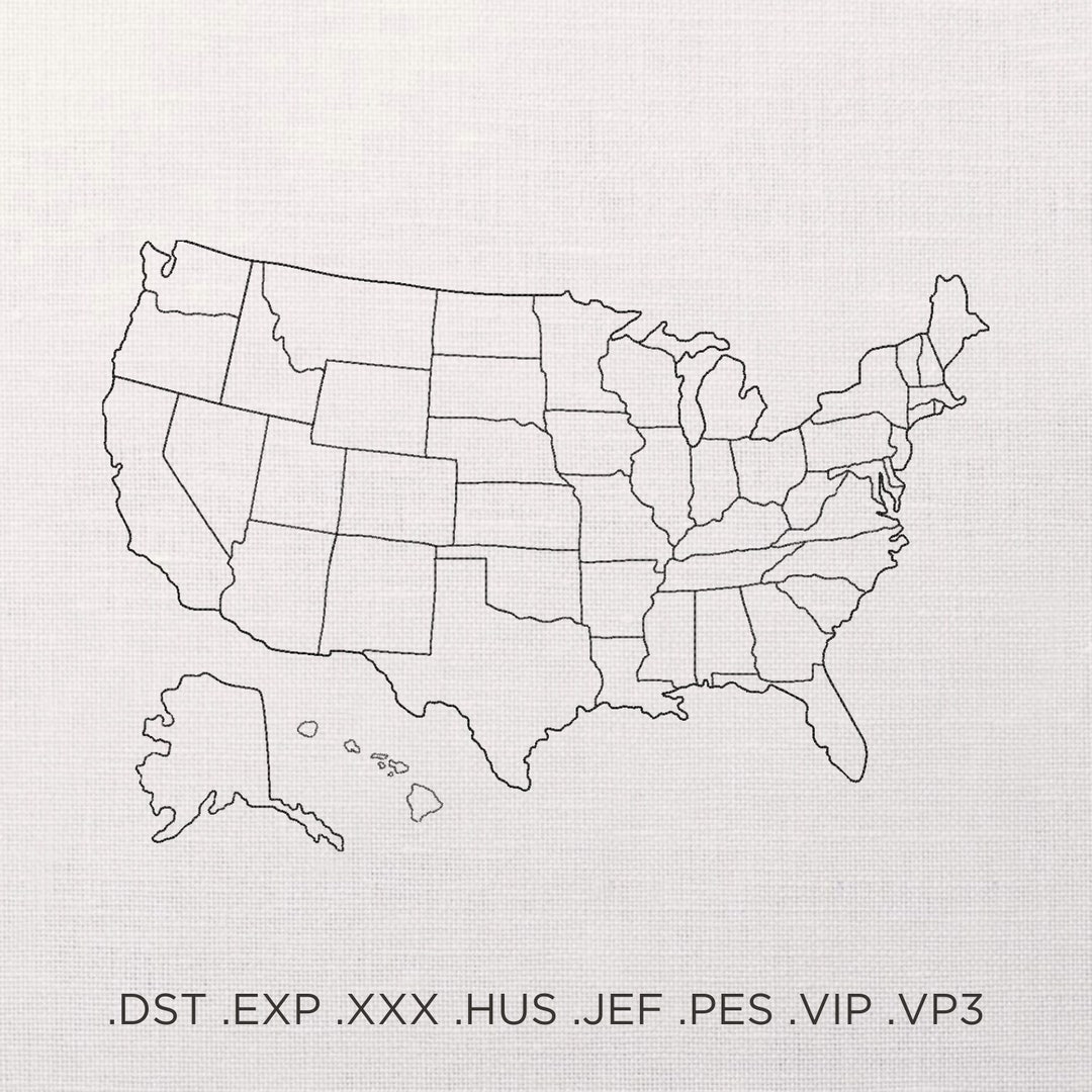 USA Map Outline With States Machine Embroidery Design - USA Map Outline ...
