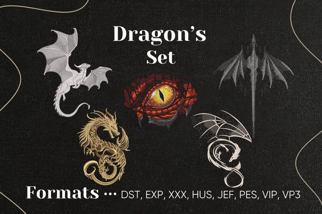 Set of 5 Dragon Machine Embroidery Designs, Fantasy Dragon Embroidery ...