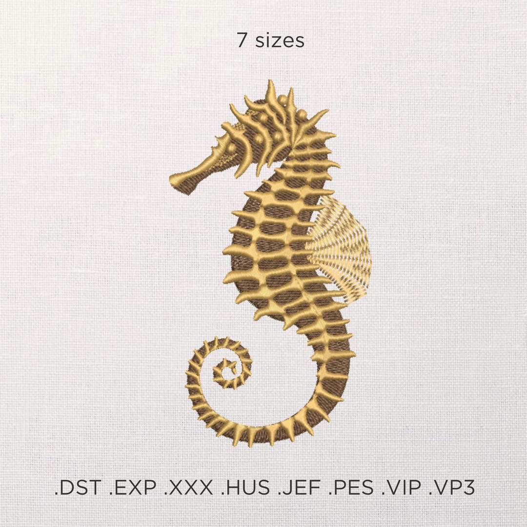 Seahorse Machine Embroidery Design, Ocean Marine Animal Pattern, Golden ...