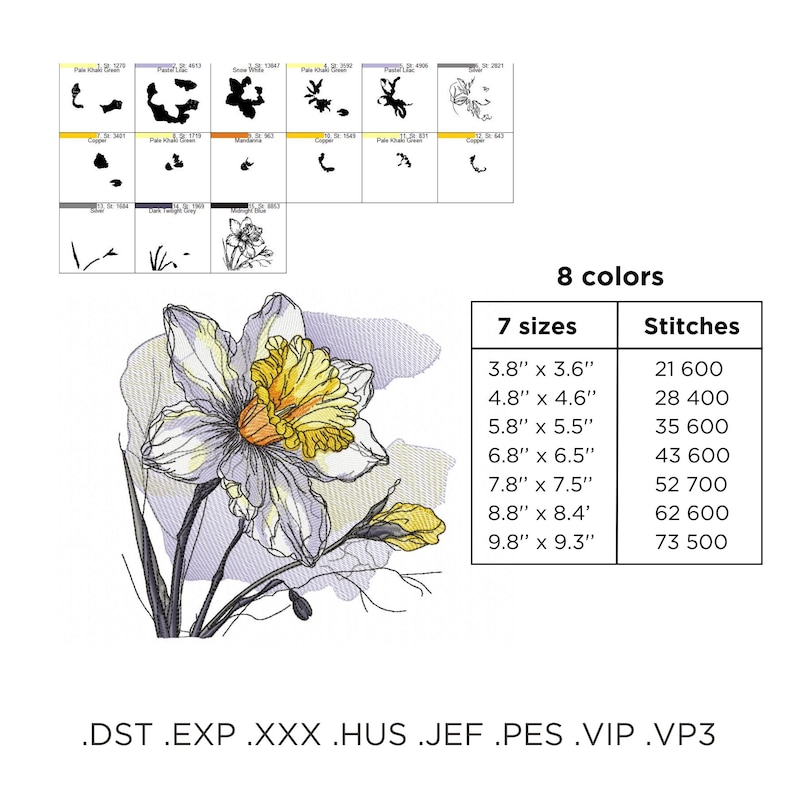 Daffodil Flower Machine Embroidery Design, Summer Bloom Floral Pattern ...
