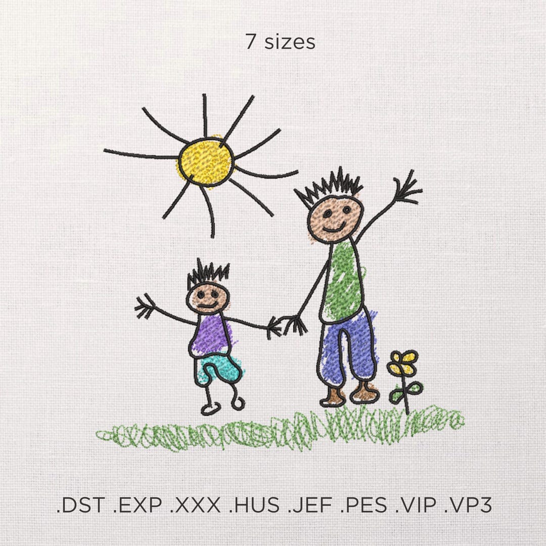 Father's Day Machine Embroidery Design, Child's Drawing Style Dad & Kid ...