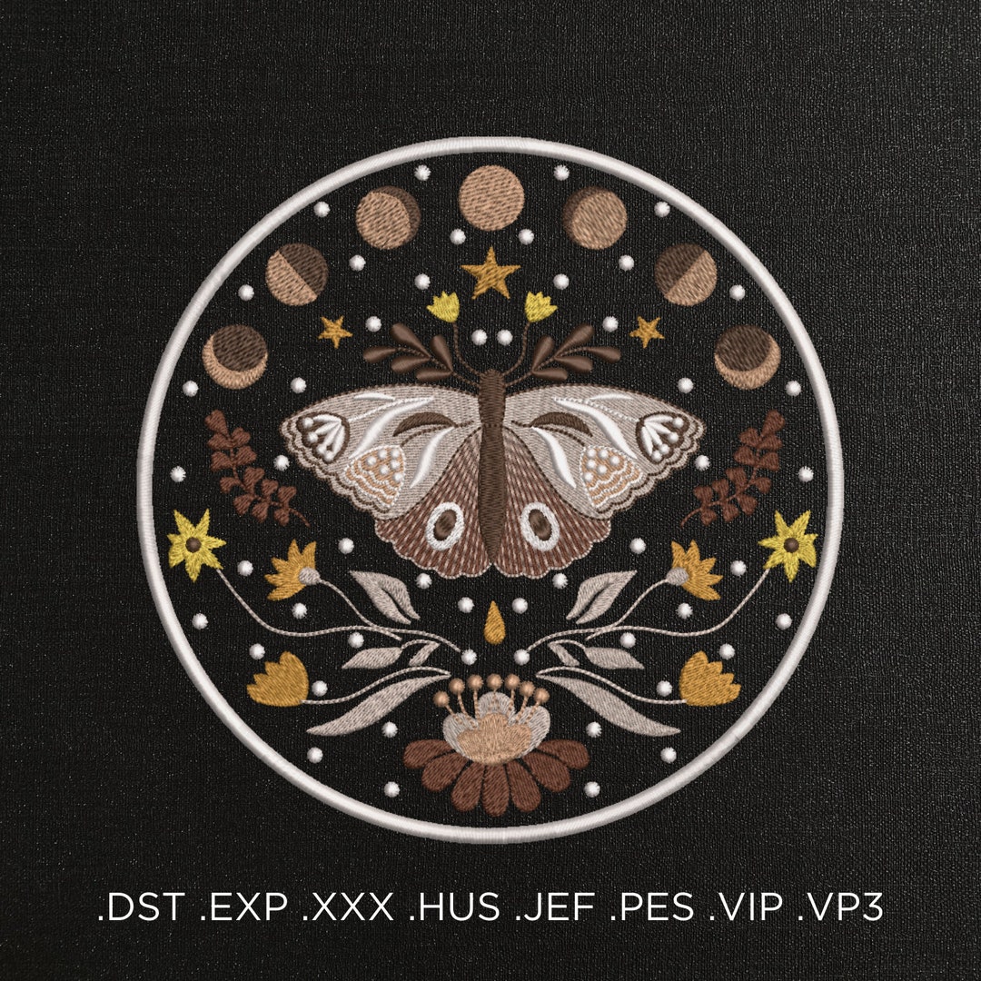 Moth Machine Embroidery Design, Moon Phases Embroidery, Mystical ...