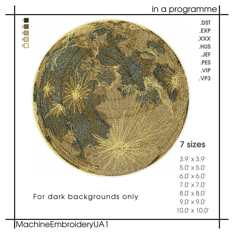 Сolored Realistic Moon Machine Embroidery Design for Dark - Etsy