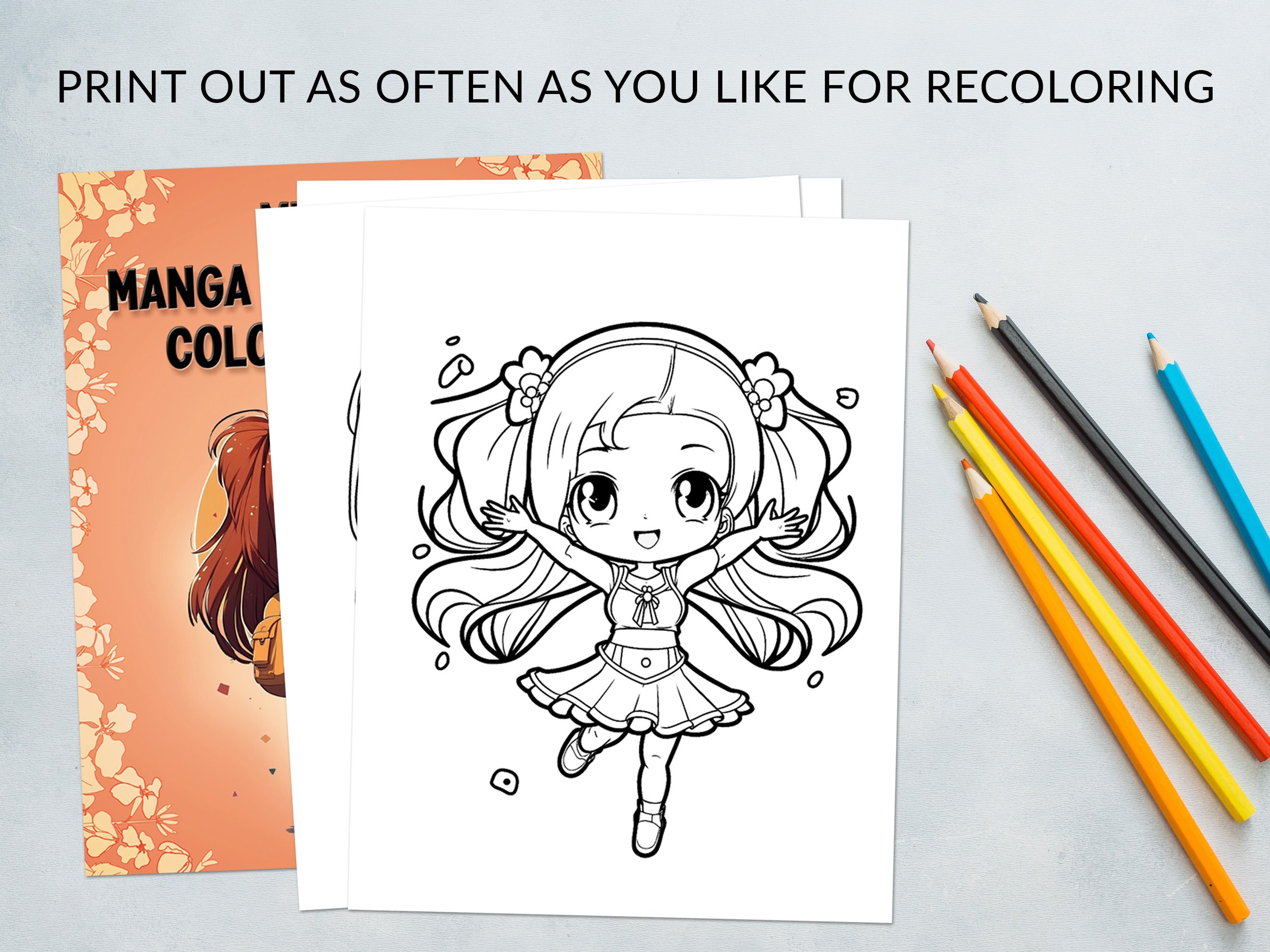 Manga Anime Kawaii Coloring Book, Set of 50 Anime Coloring Pages ...