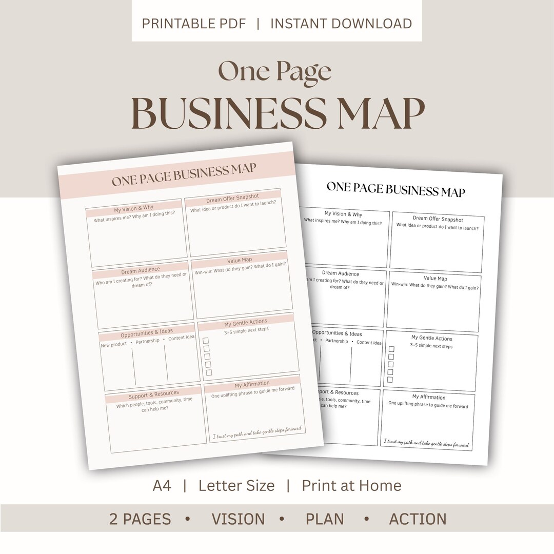 One Page Business Map, Gentle Printable PDF for Small Business Clarity ...