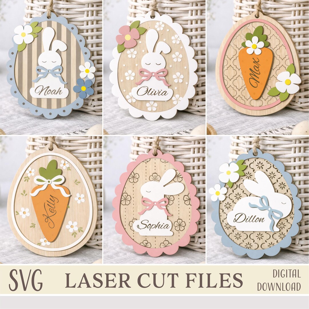 Easter Egg Name Tag SVG Bundle, Personalized Bunny Carrot Ornaments ...