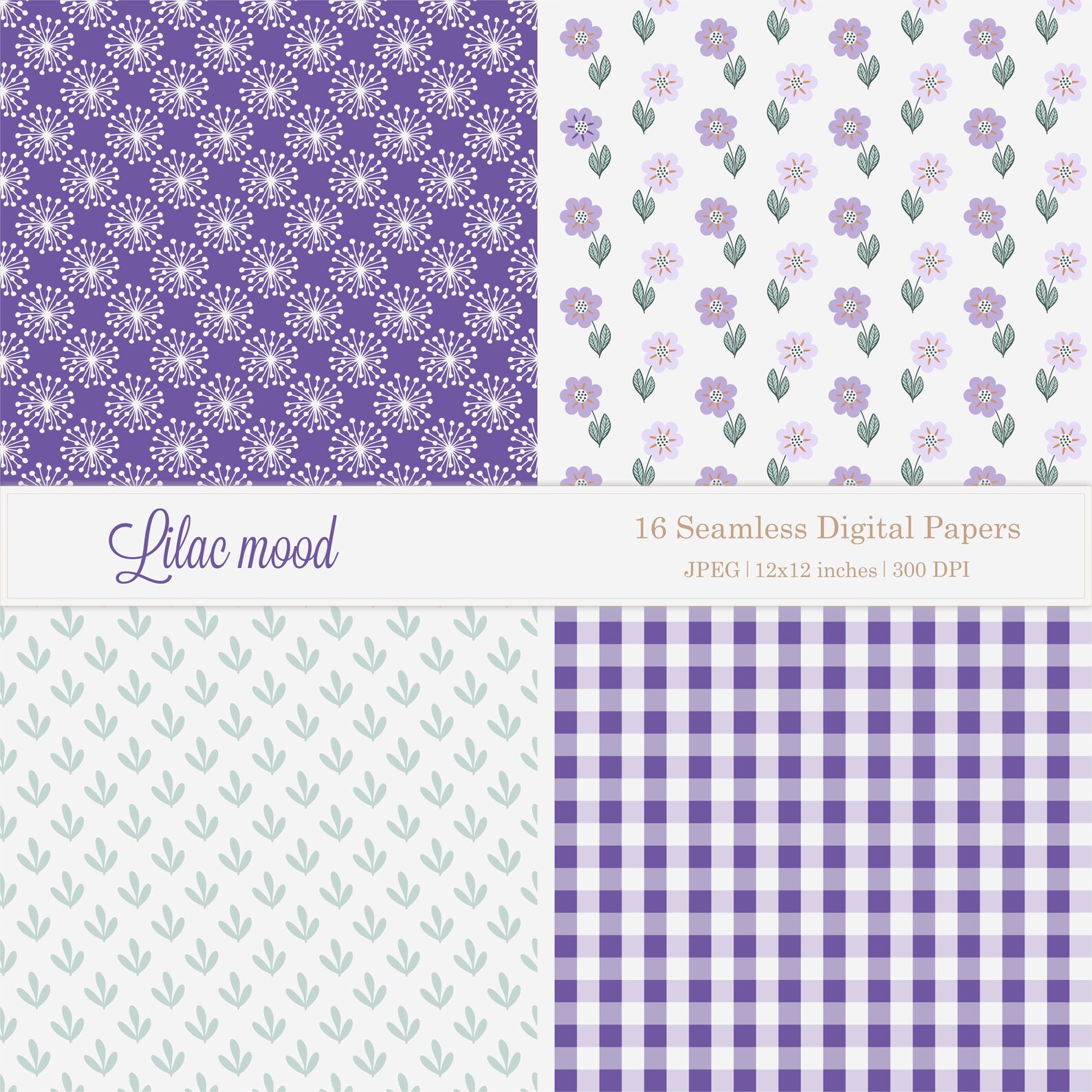 16 Lilac Flower Seamless Digital Papers, Purple Green Printable Floral ...