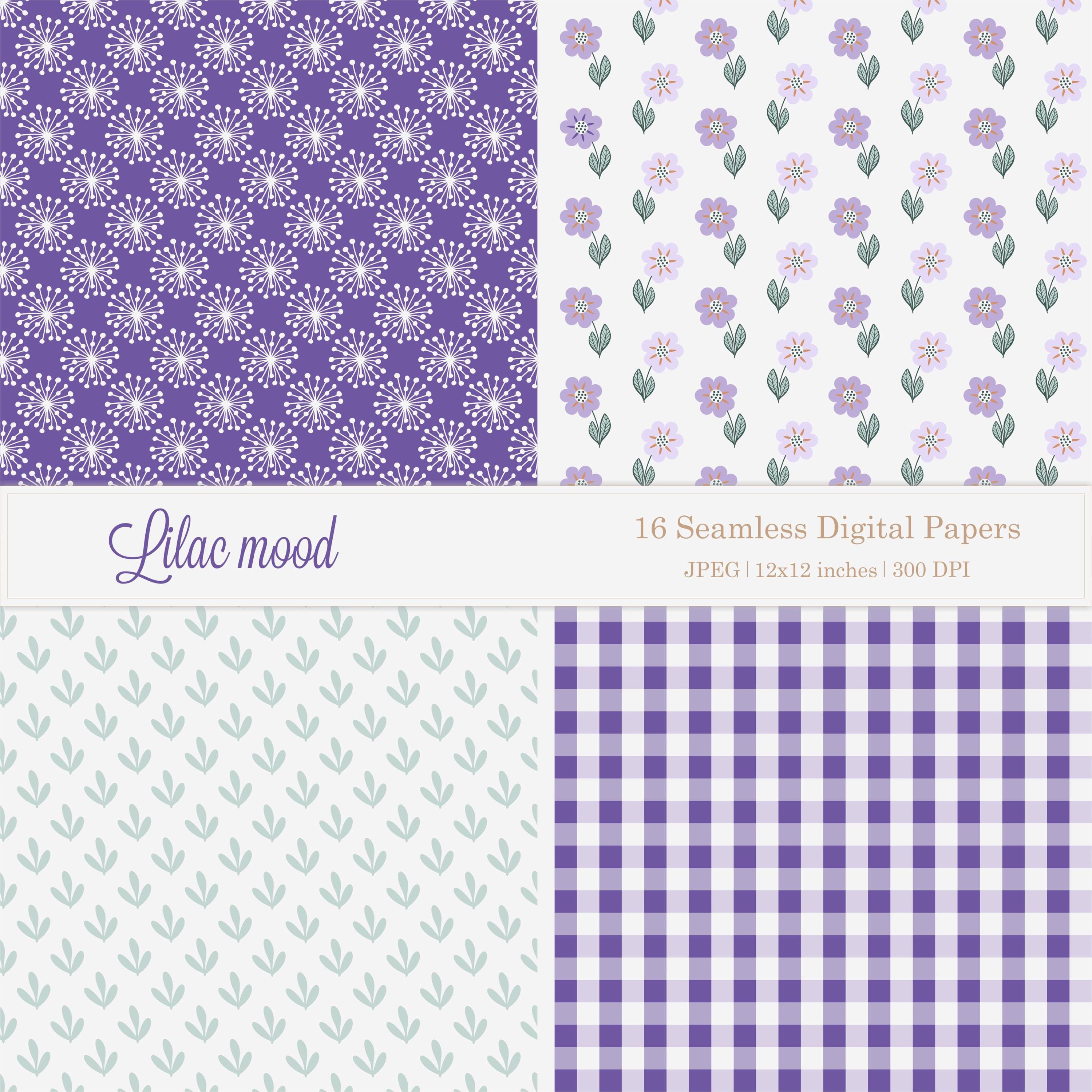 16 Lilac Flower Seamless Digital Papers, Purple Green Printable Floral ...