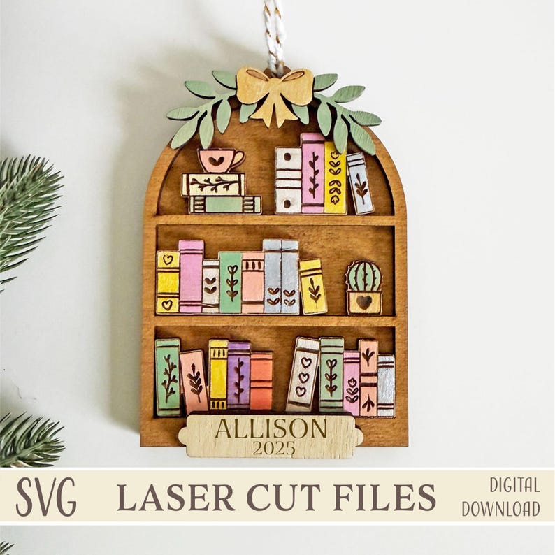 Book Lover Ornament SVG, Bookshelf Laser Cut File, Personalized ...