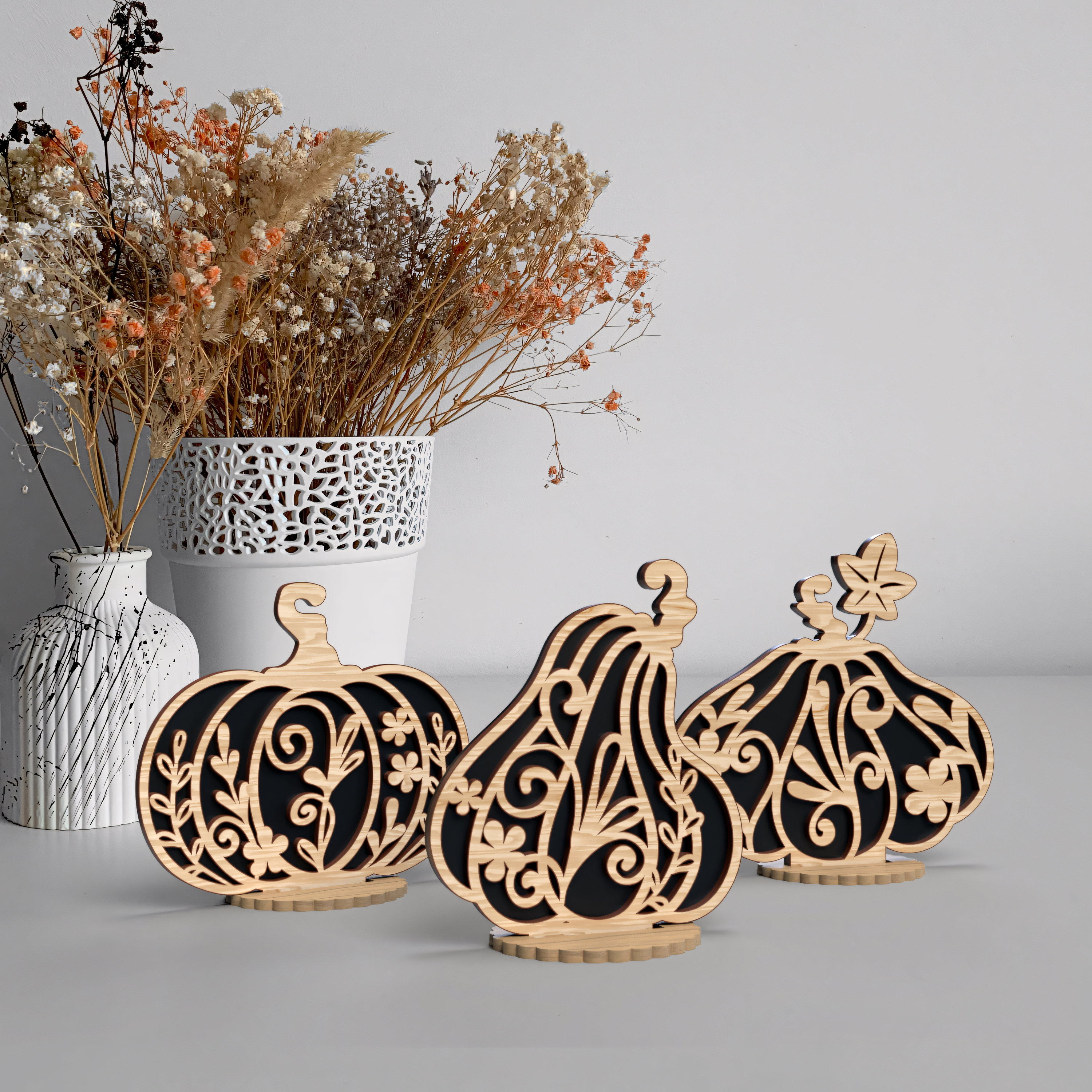 Set of 6 Standing Floral Pumpkins SVG Bundle, Autumn Pumpkins Laser Cut ...