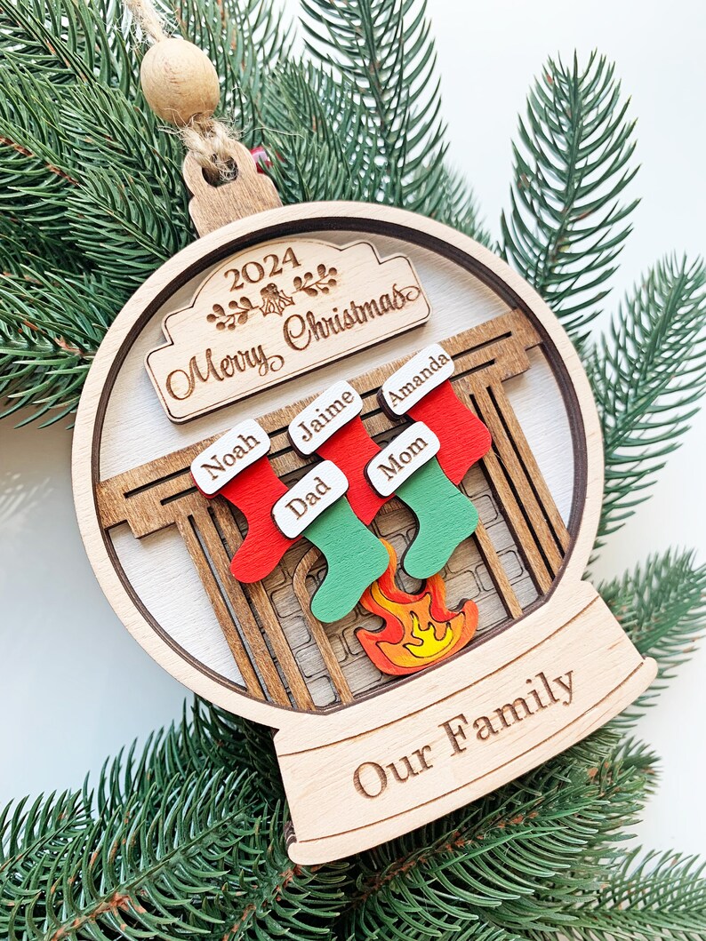 Family Name Stocking Christmas Ornament SVG, Christmas Fireplace With ...