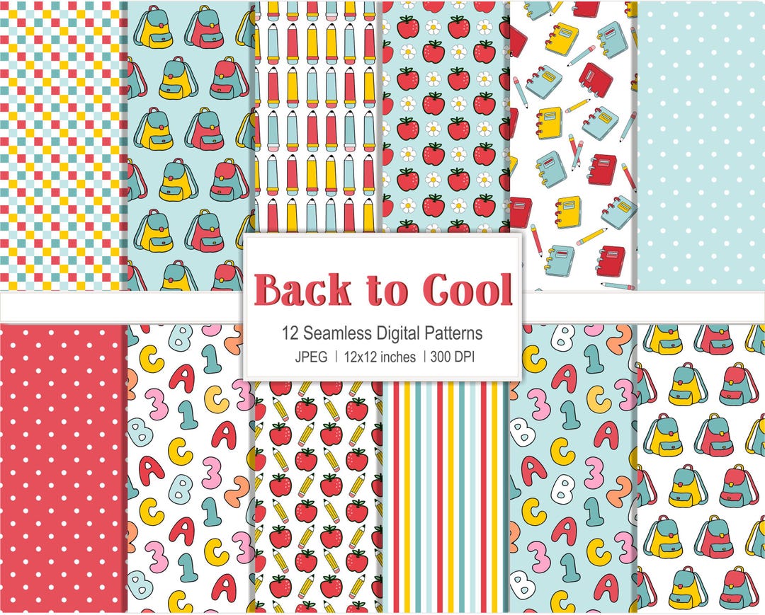 Bright School Digital Paper, Seamless Scrapbook Backgrounds, Back to ...