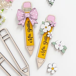 Teacher Pencil Bow and Flowes SVG Laser Cut File, Custom Name Teacher ...