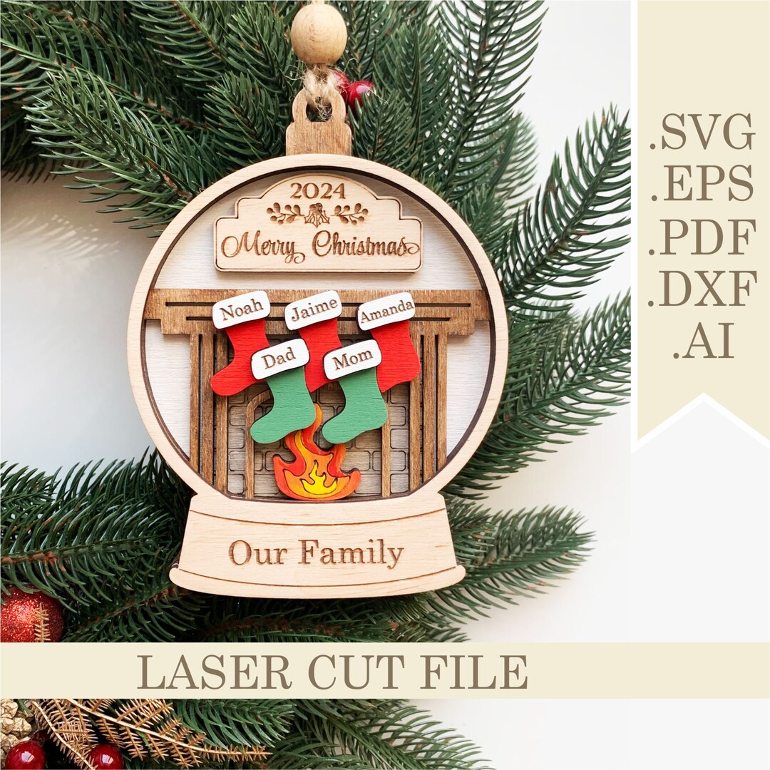 Family Name Stocking Christmas Ornament SVG, Christmas Fireplace With ...
