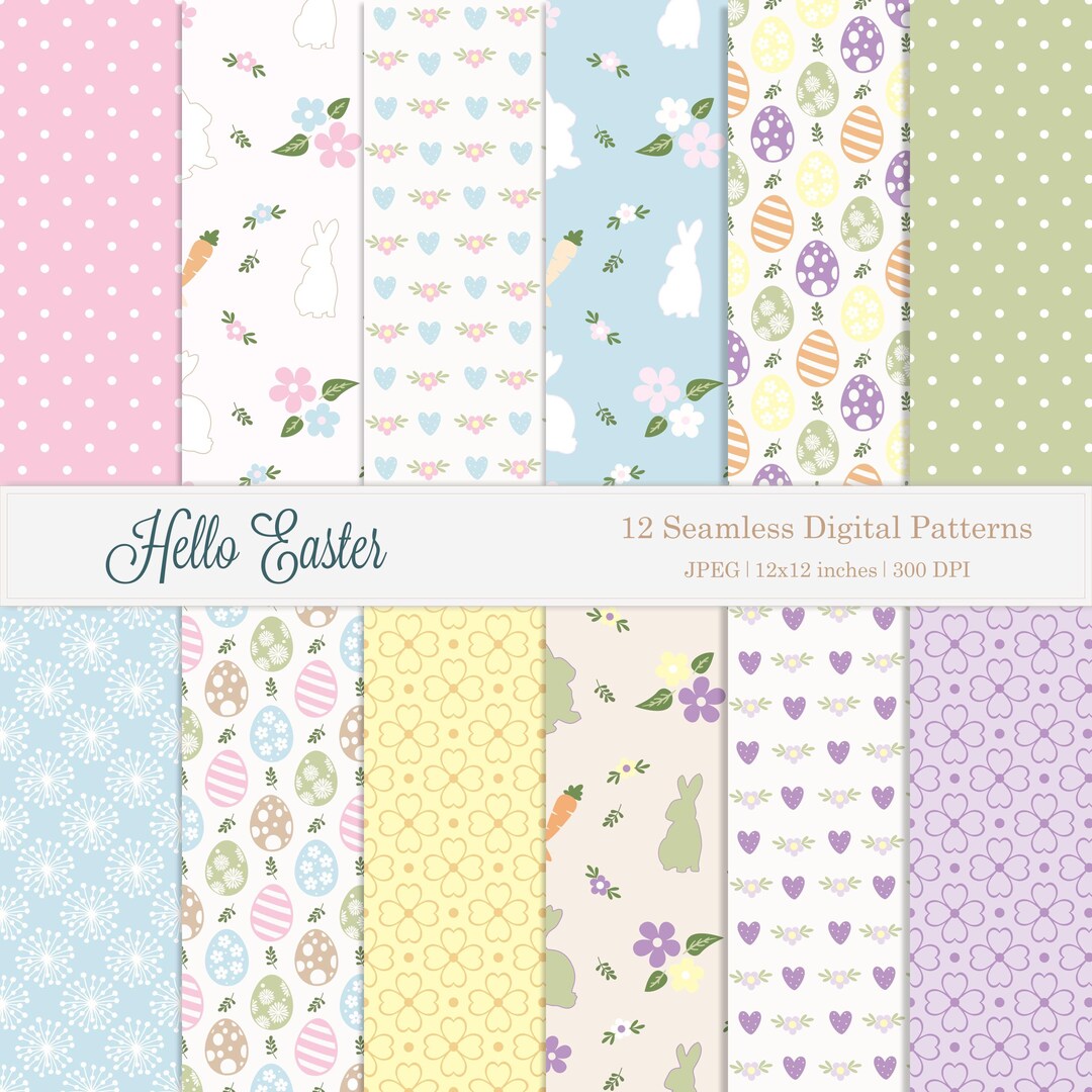 12 Easter Seamless Patterns, Repeat Bunny and Egg Digital Paper, Pastel ...