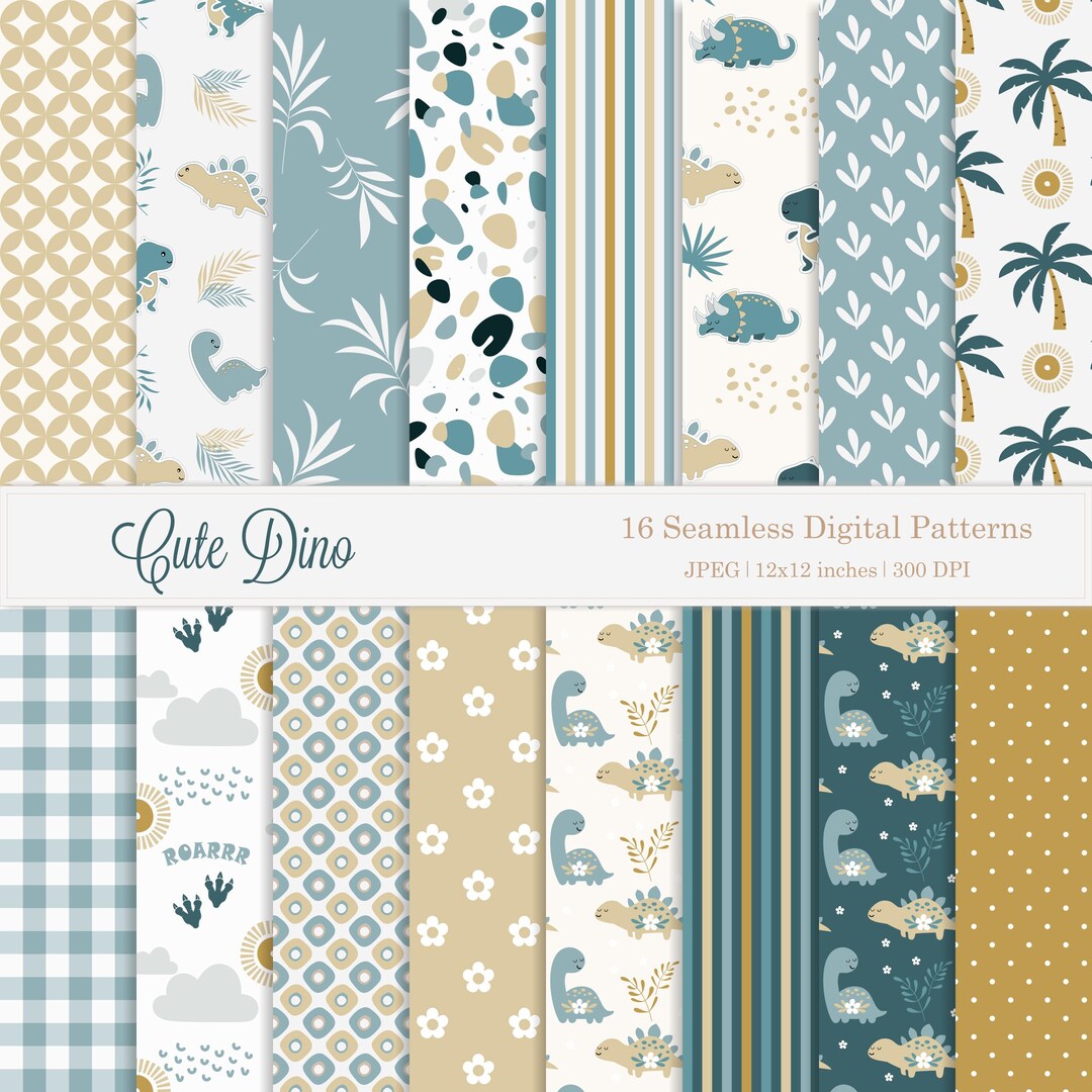 16 Dinosaur Seamless Digital Paper Pack, Neutral Dino Patterns for ...