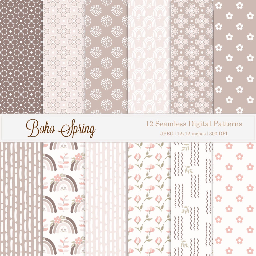 12 Boho Rainbow Seamless Digital Paper Pack, Beige Neutral Boho Pattern ...