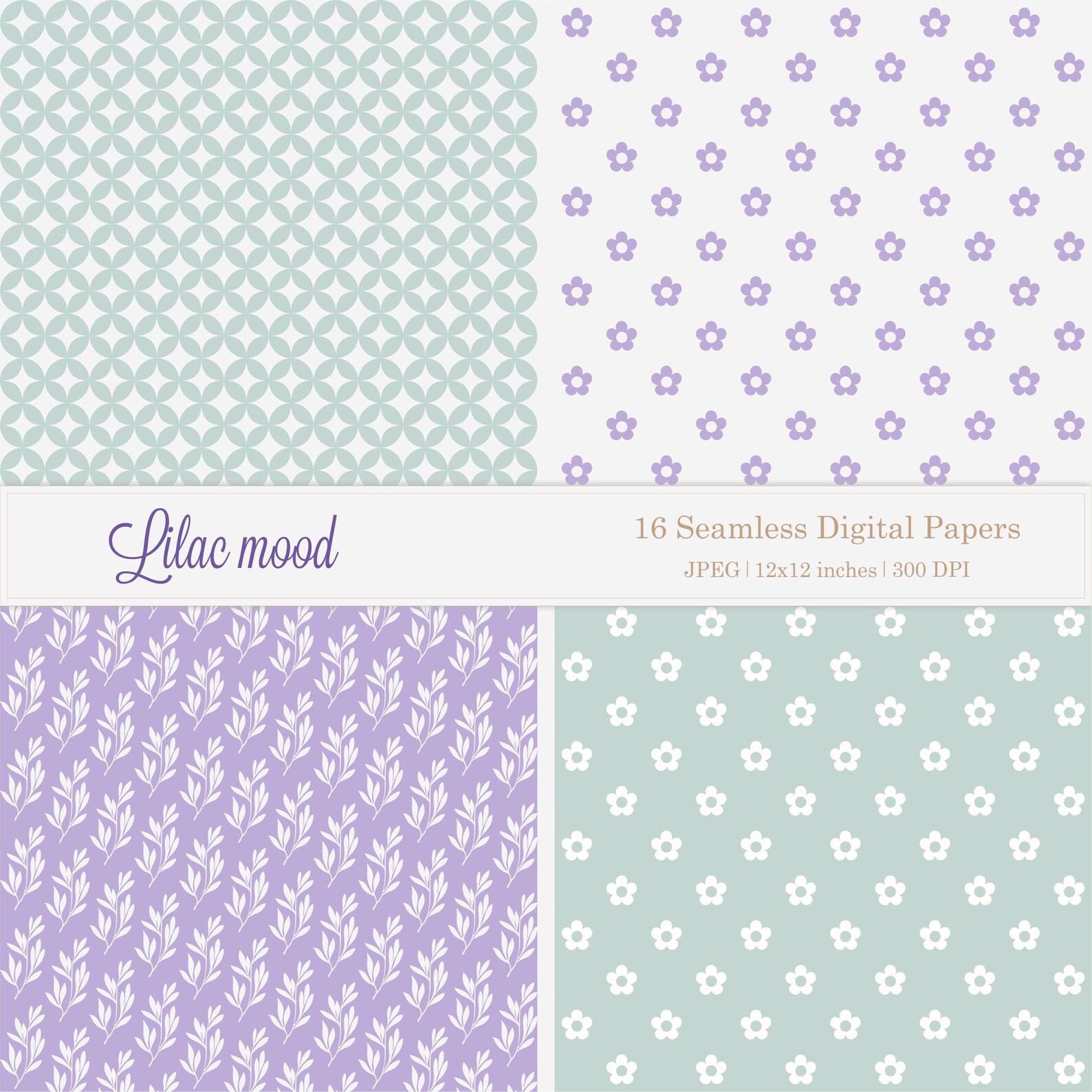 16 Lilac Flower Seamless Digital Papers, Purple Green Printable Floral ...