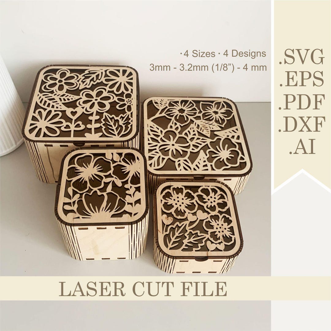 Flower Gift Box SVG Laser Cut File, Square Floral Wedding Gift Box ...