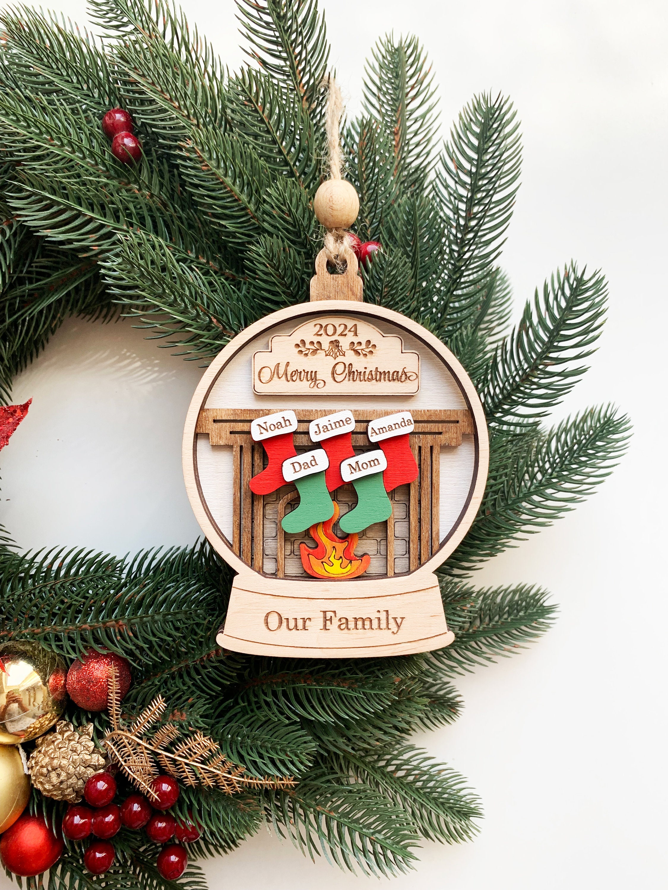 Family Name Stocking Christmas Ornament SVG, Christmas Fireplace With ...