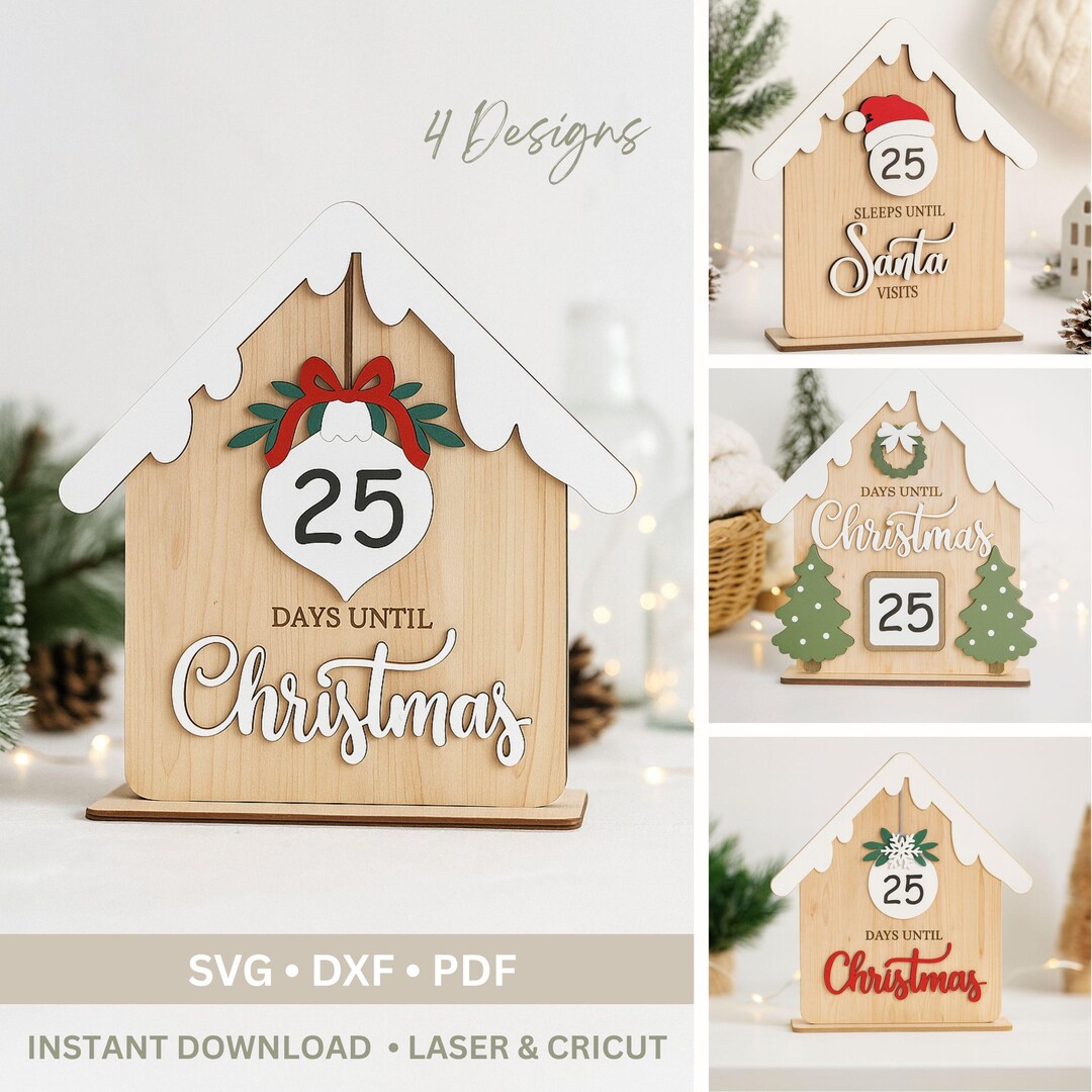 Christmas Countdown Sign SVG Bundle, Days Until Christmas Layered House ...
