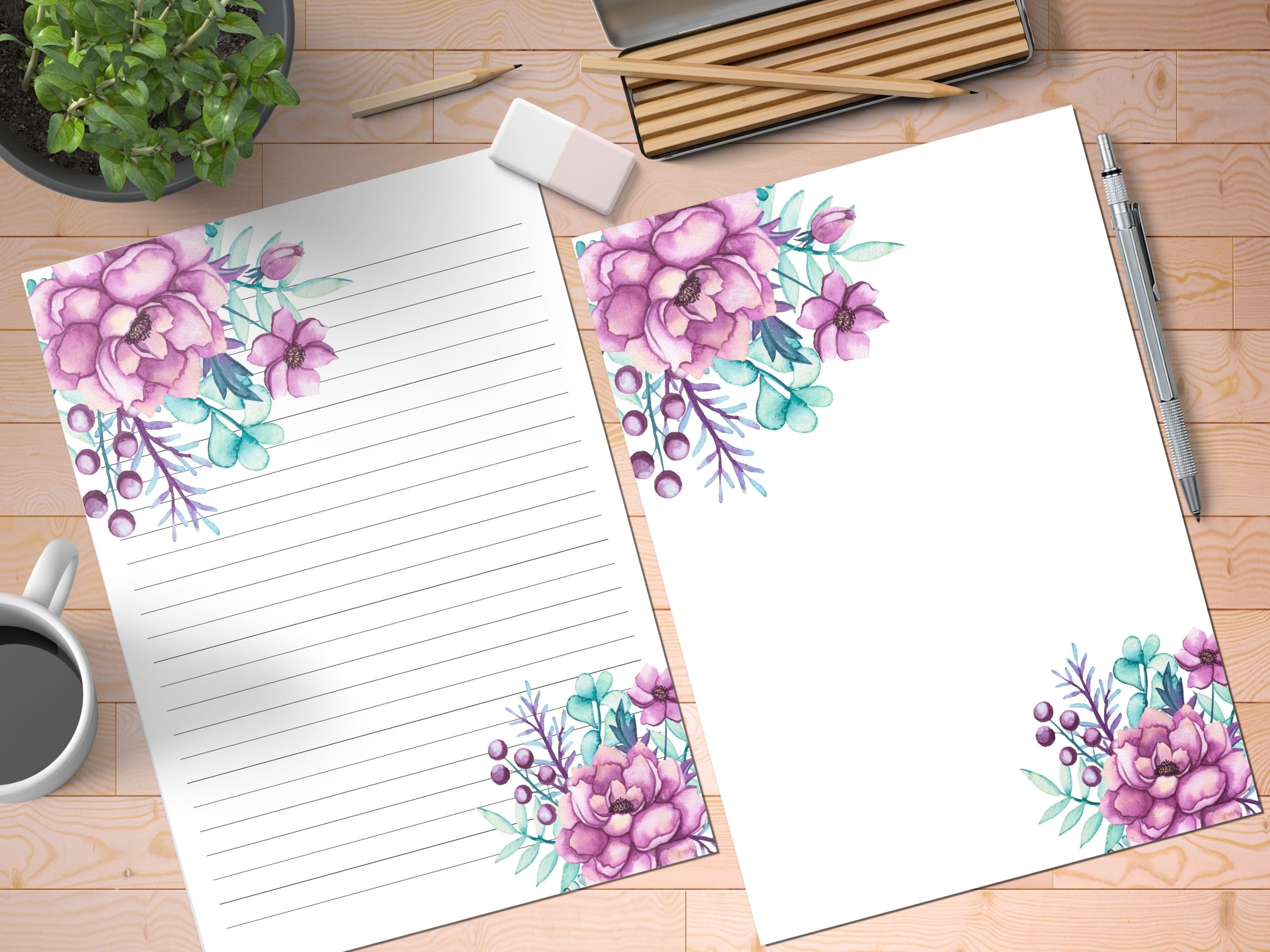 Purple Watercolor Printable Stationery Set, Letter Writing, Stationery ...