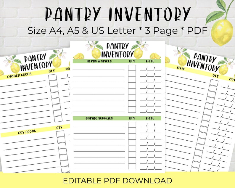 Pantry Inventory, Fillable PDF, Pantry Organization Page, Inventory ...