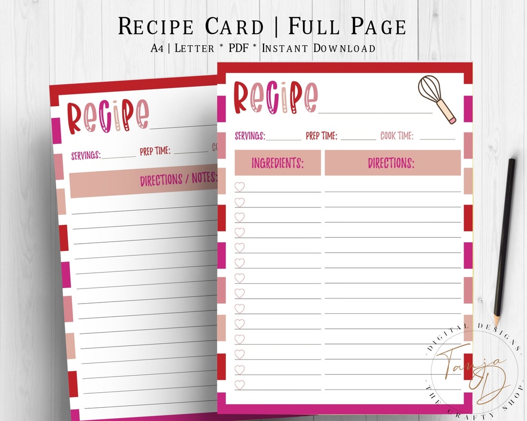 Romantic Red Recipe Card, Recipe Pages, Printable Recipe Shees, A4 ...
