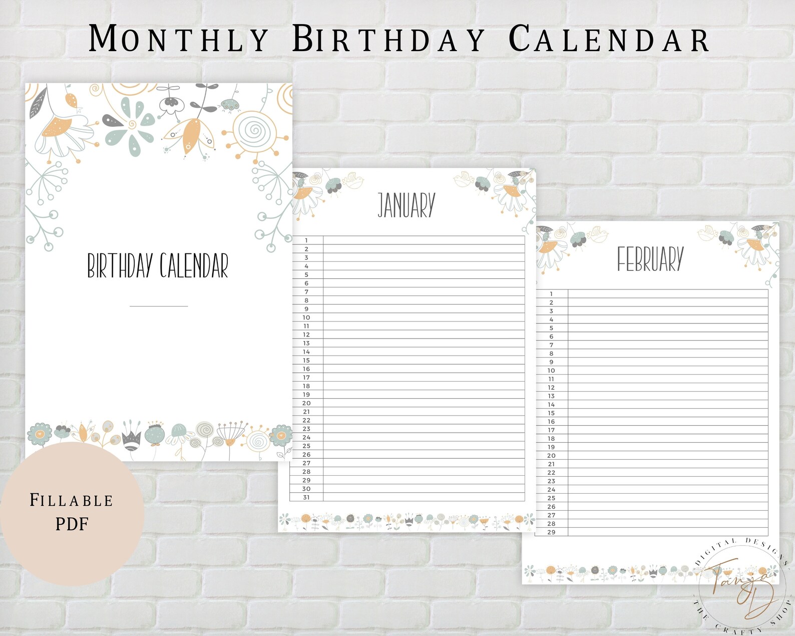 Birthday Calendar, Monthly Calendar, Undated Calendar, Fillable ...