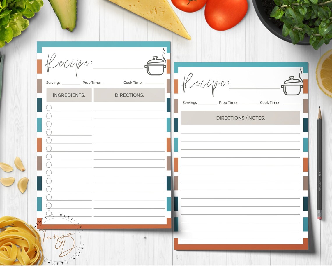 Steel Blue Recipe Card, Recipe Pages, Printable Recipe Sheet, A4 Recipe ...