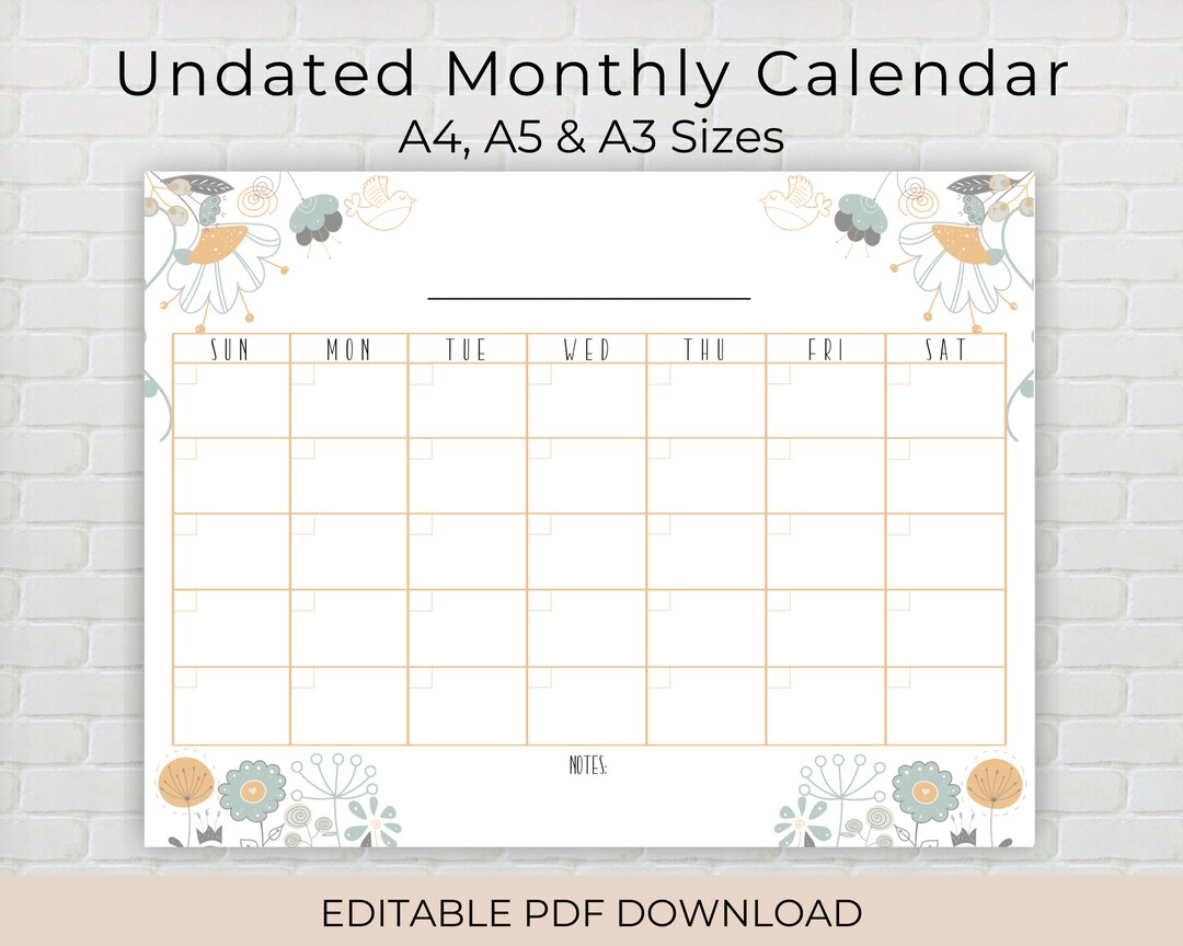 Undated Editable Monthly Calendar, Printable Planner, PDF Planner ...