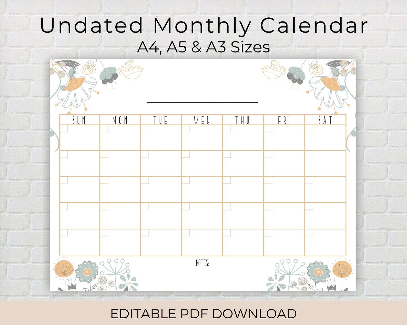 Undated Editable Monthly Calendar, Printable Planner, PDF Planner ...