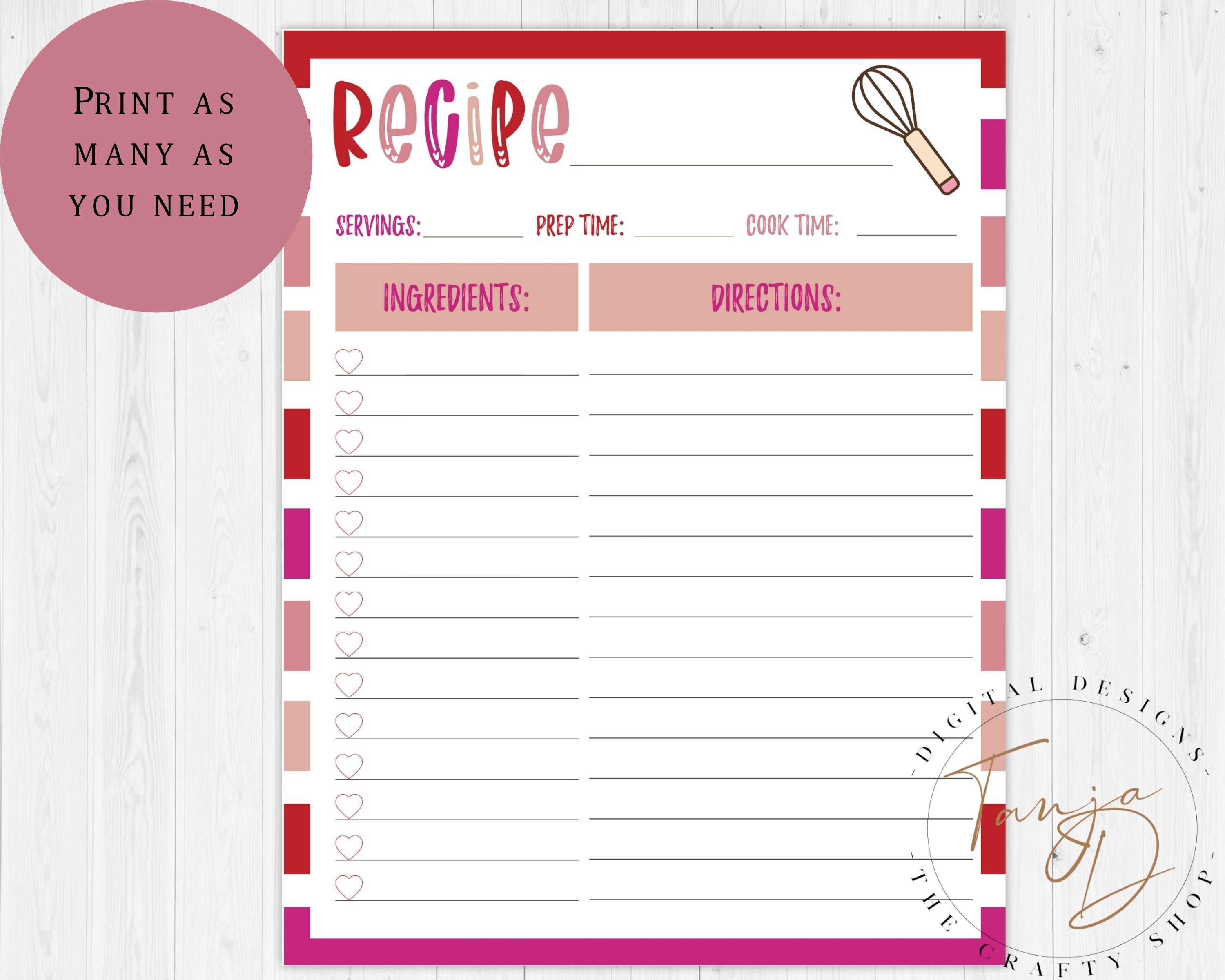 Romantic Red Recipe Card, Recipe Pages, Printable Recipe Shees, A4 ...