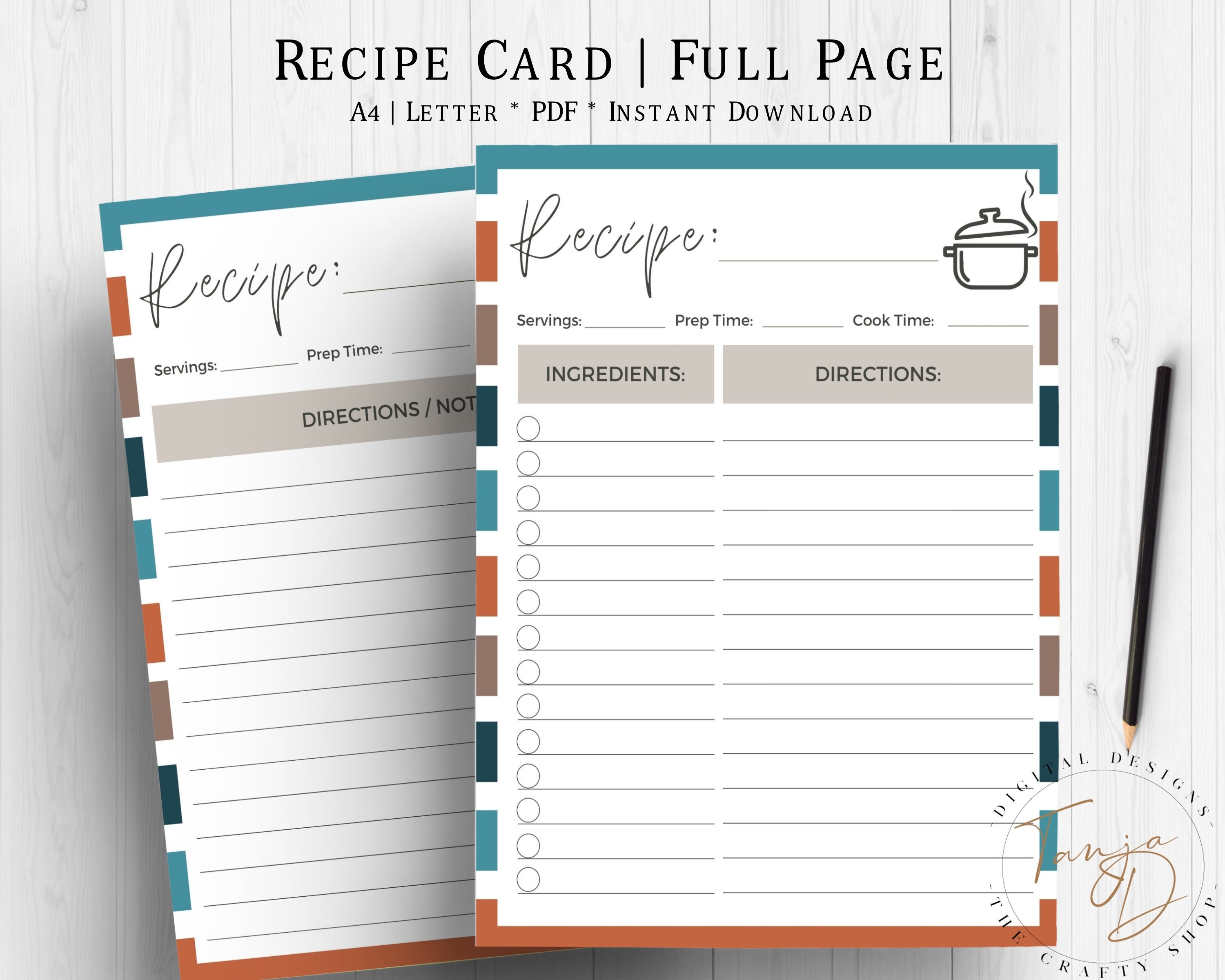 Steel Blue Recipe Card, Recipe Pages, Printable Recipe Sheet, A4 Recipe ...