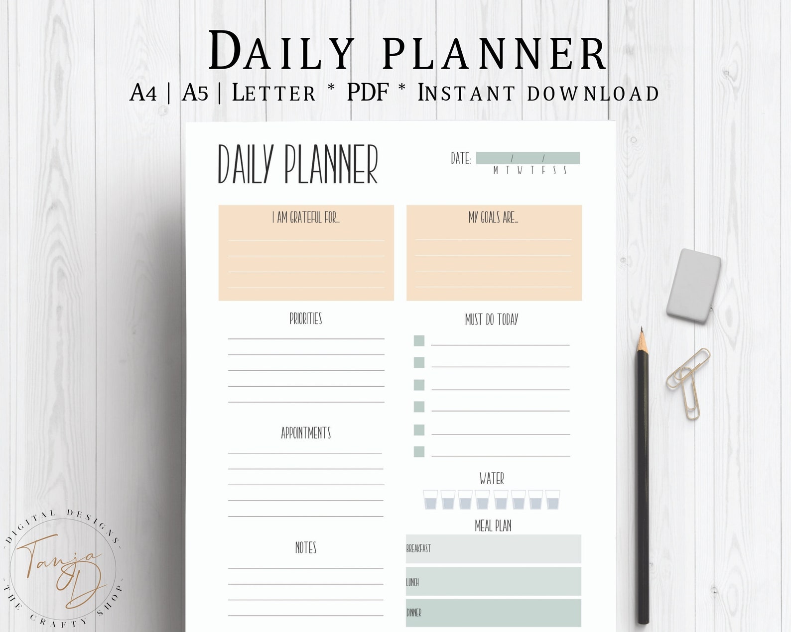 Daily Planner Printable, Undated Daily Journal, Planner Insert ...