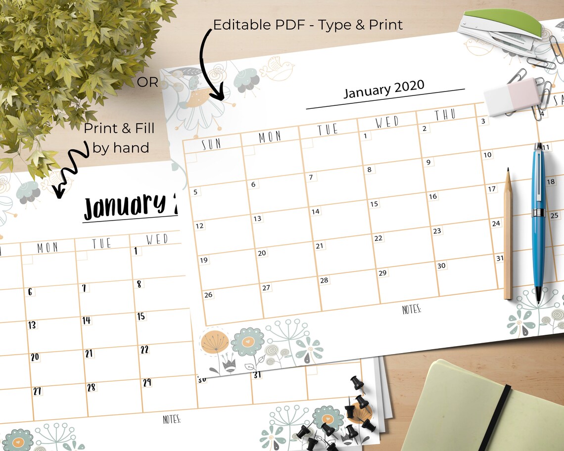 Undated Editable Monthly Calendar, Printable Planner, PDF Planner ...