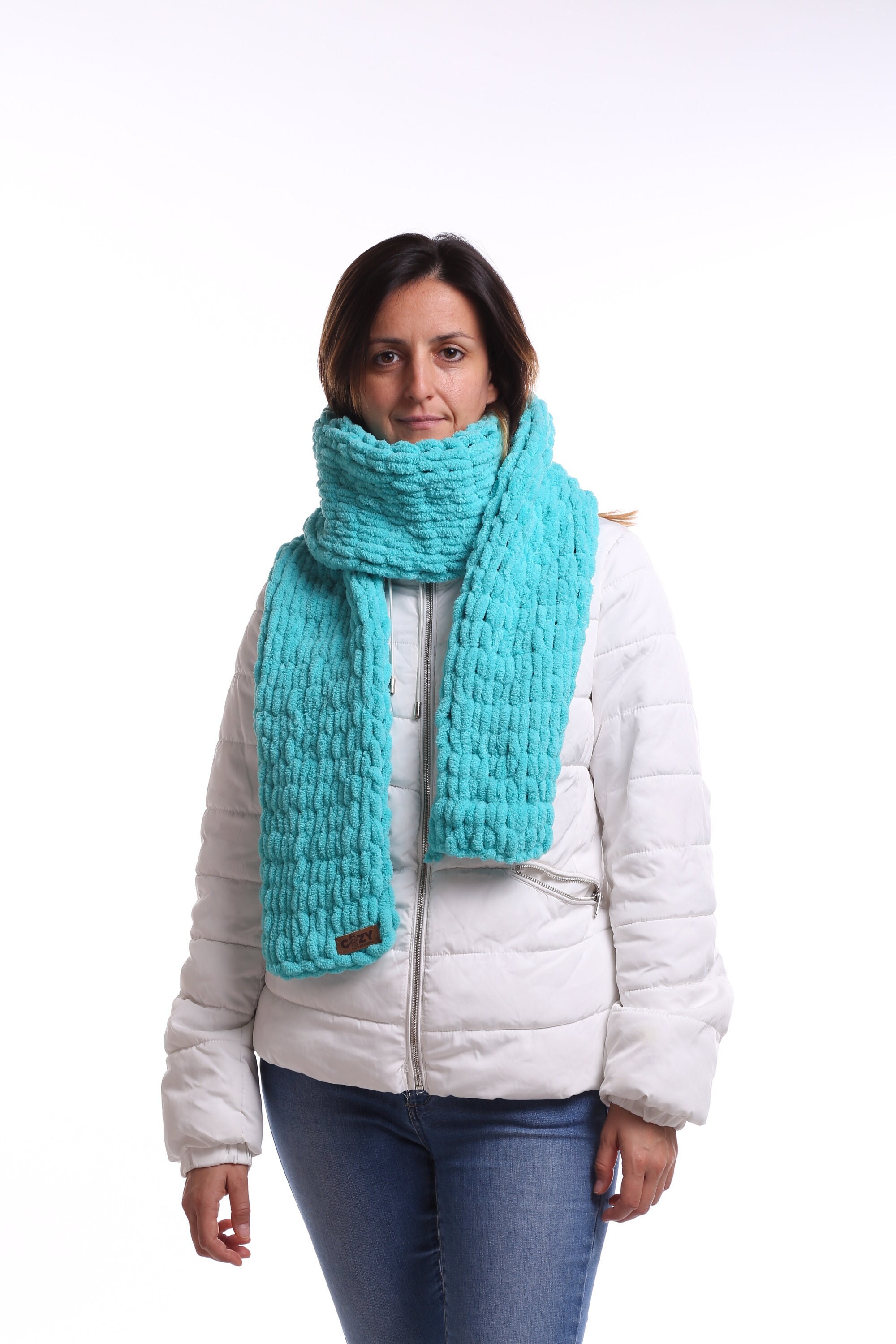 Unisex Cozy Winter Scarf, Turquoise Hand Knitted Thick Scarf, Super ...