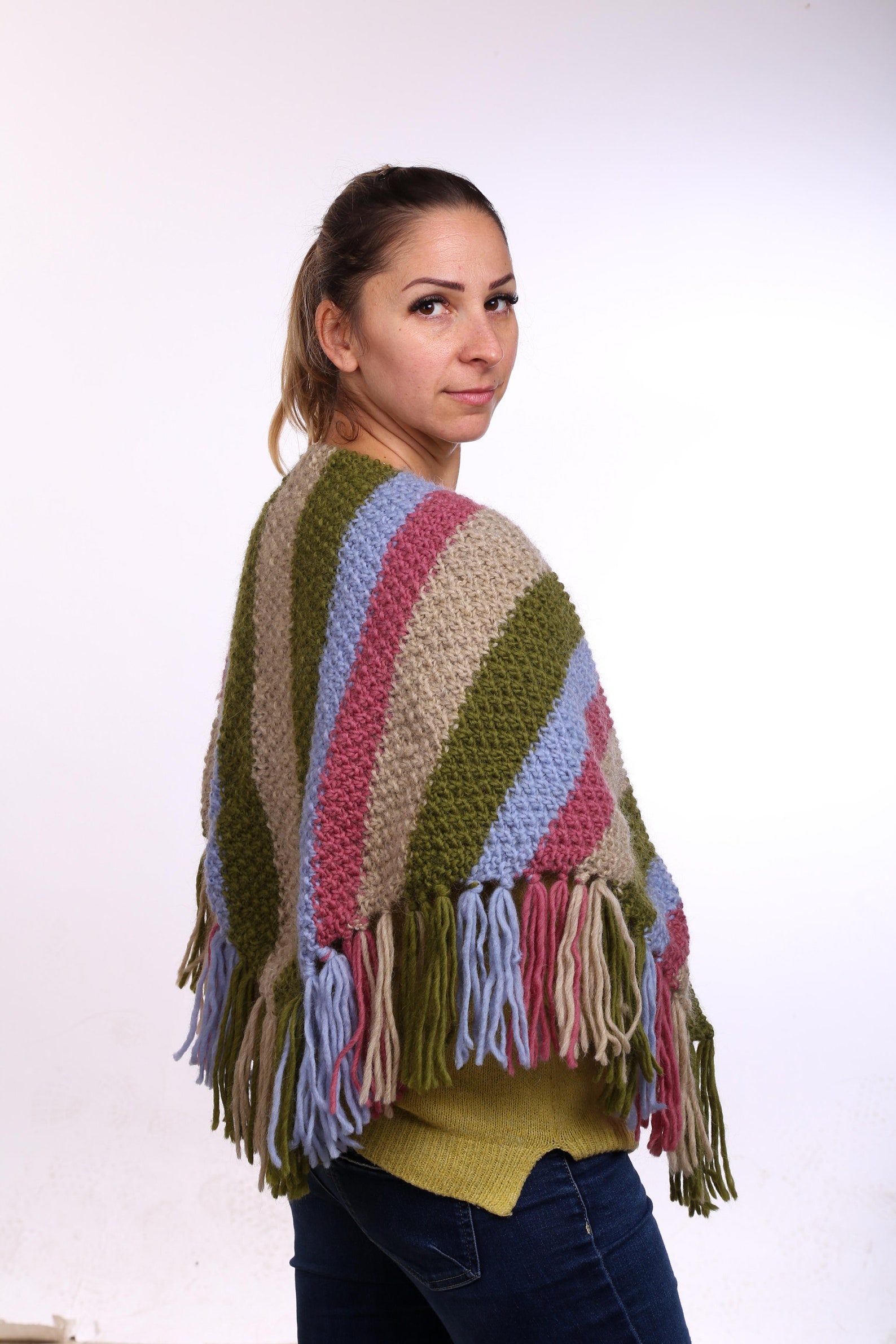 Multi Color Wool Mantle Scarf, Hand Knitted Winter Cloak Shawl With ...