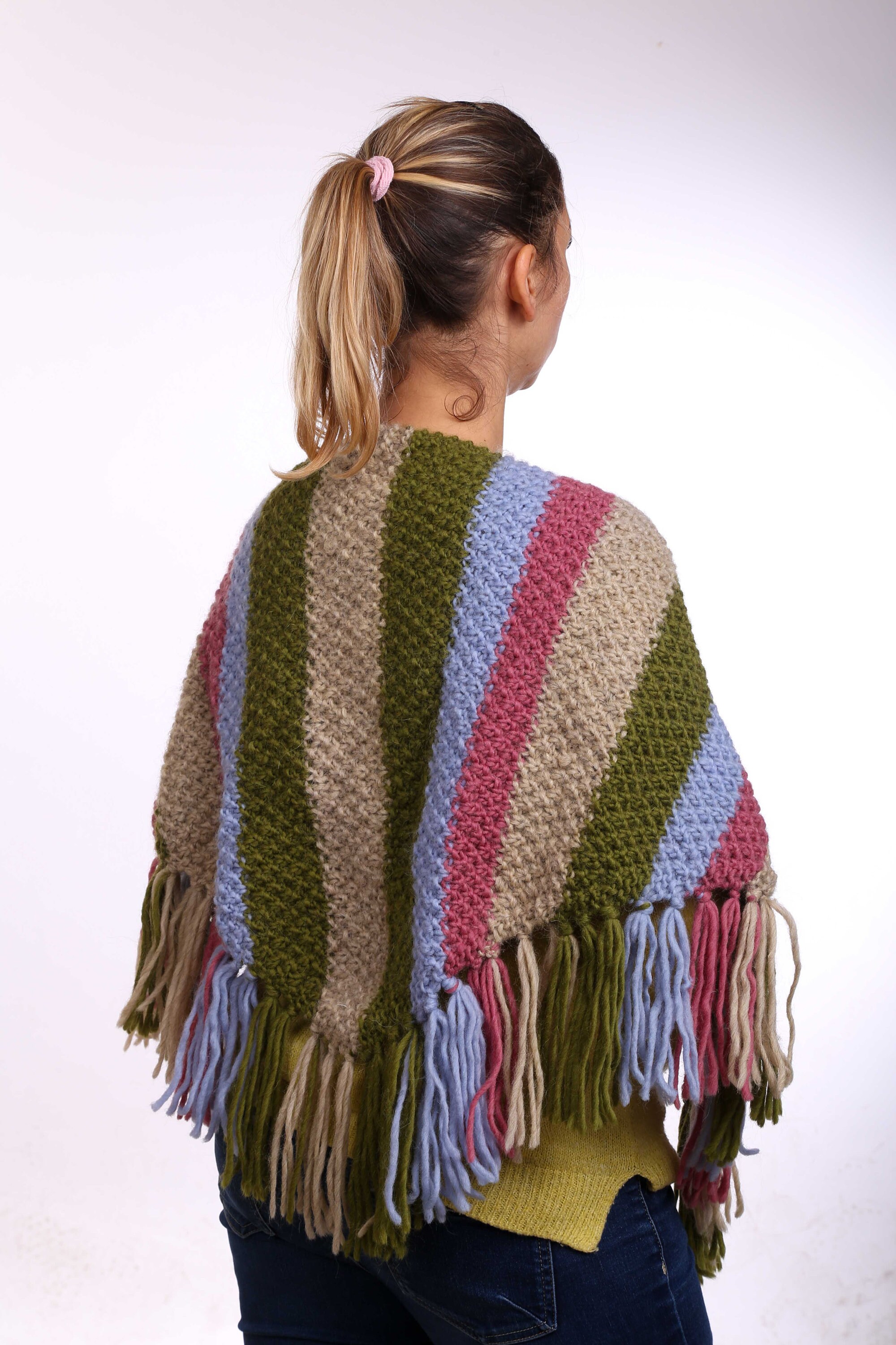 Multi Color Wool Mantle Scarf, Hand Knitted Winter Cloak Shawl With ...