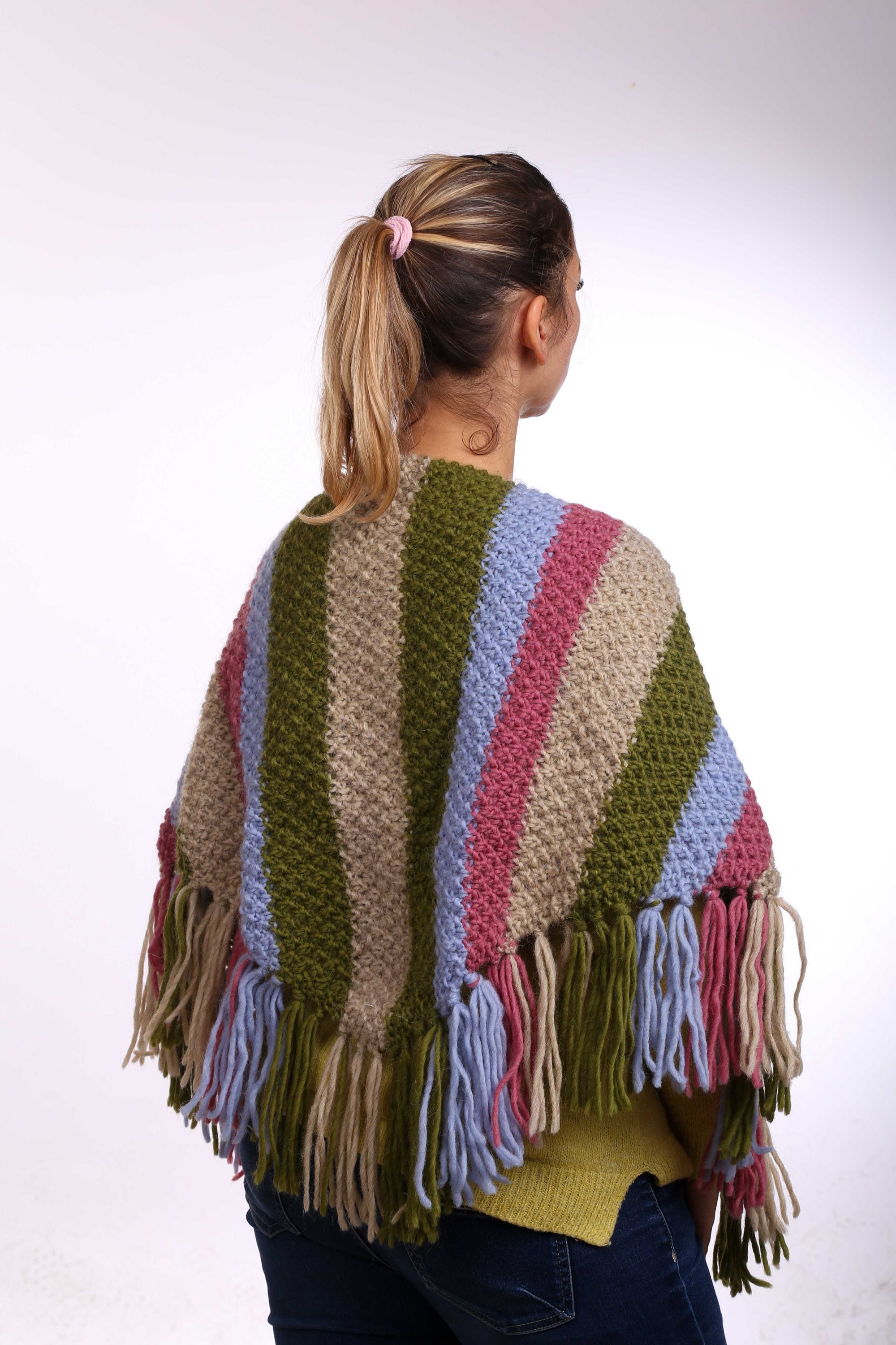 Multi Color Wool Mantle Scarf, Hand Knitted Winter Cloak Shawl With ...