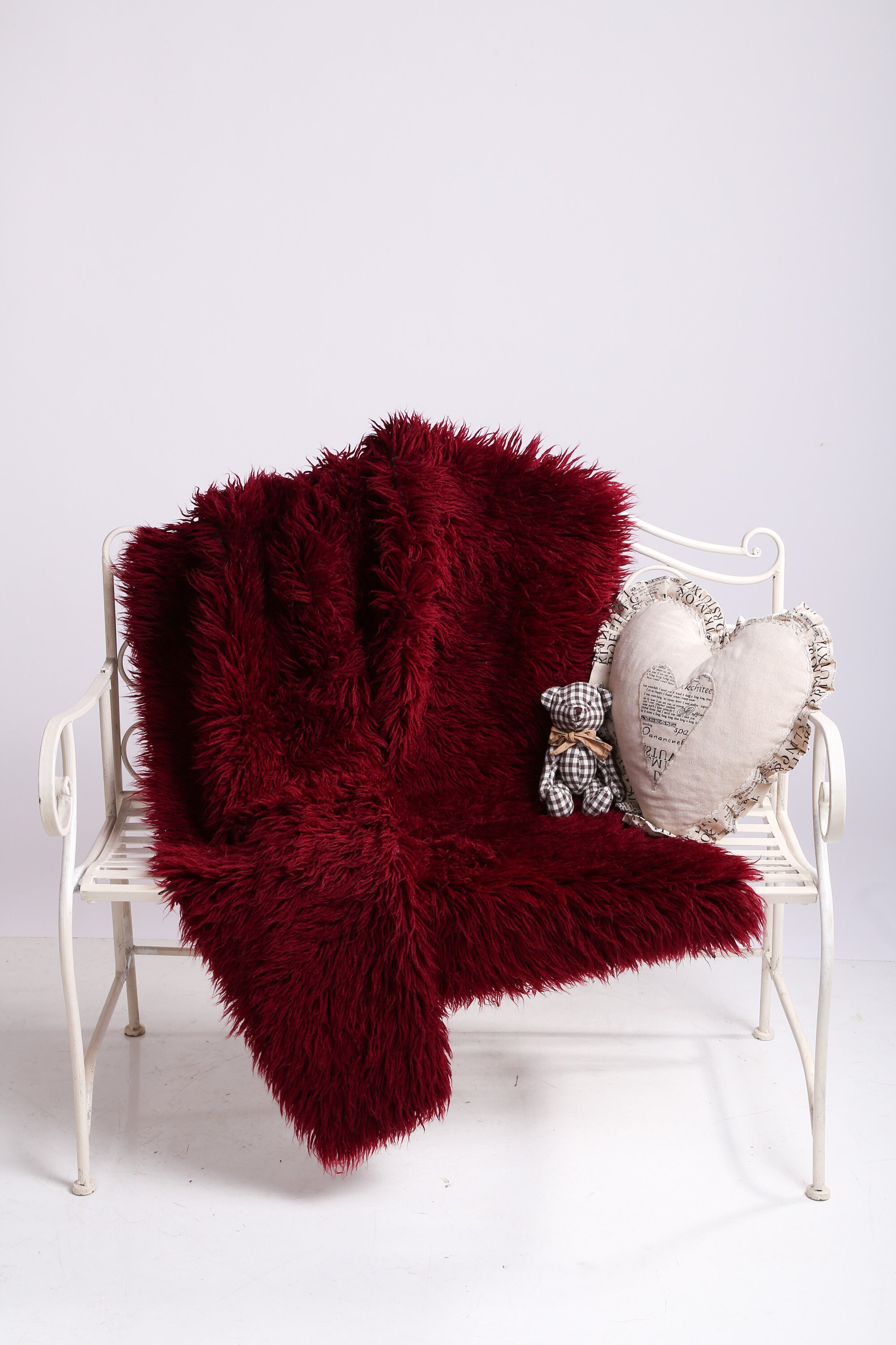 Vintage Wool Sofa Cover, Burgundy Hand Woven Shaggy Throw, Moroccan ...