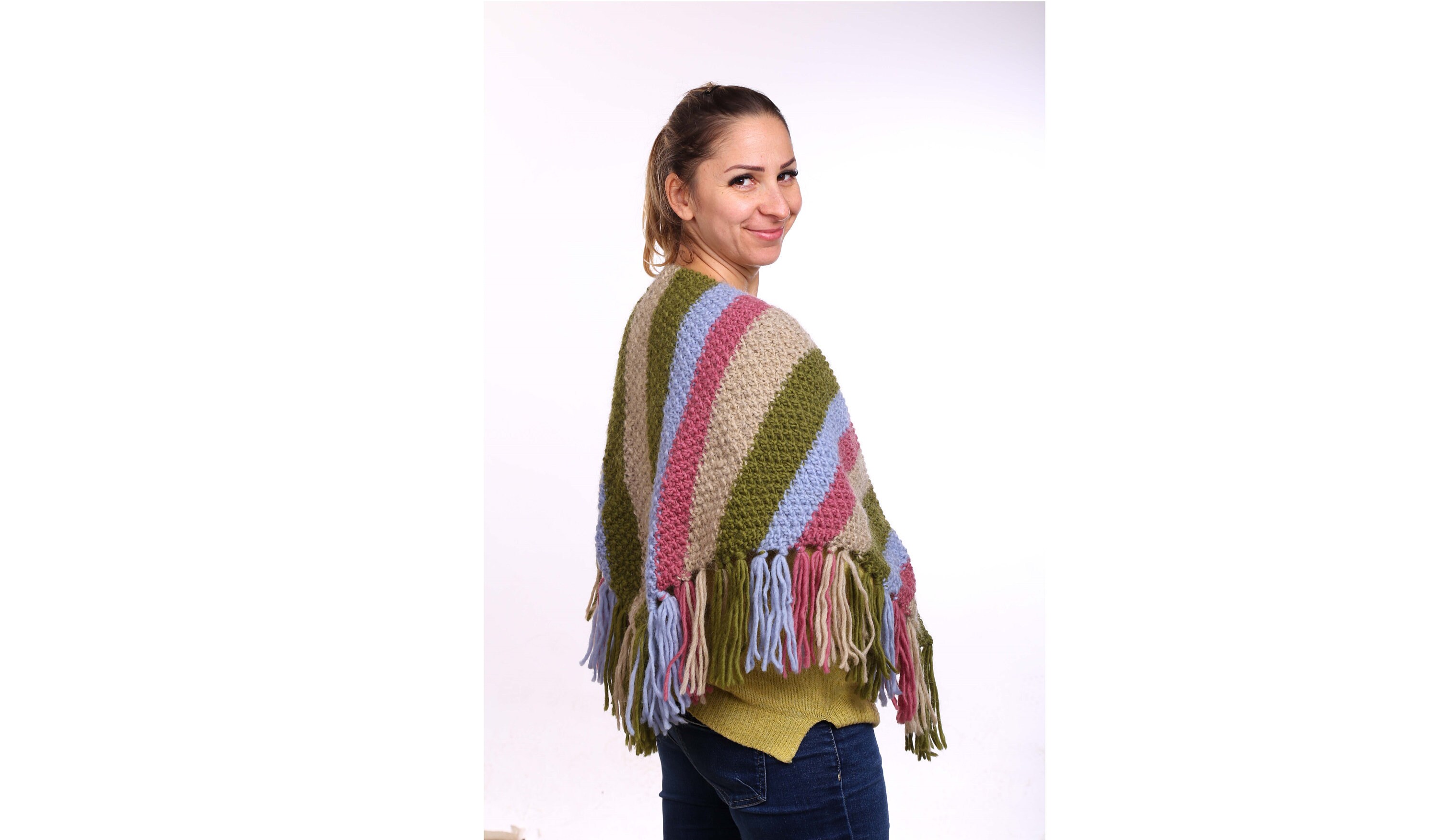 Multi Color Wool Mantle Scarf, Hand Knitted Winter Cloak Shawl With ...