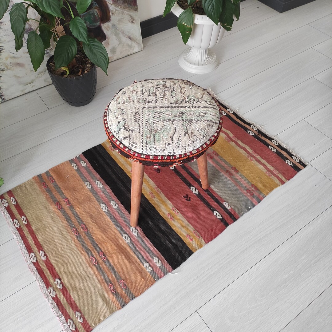 Round Vintage Rug Stool , Pastel , Colorful Kilim Chair, Ottoman ...