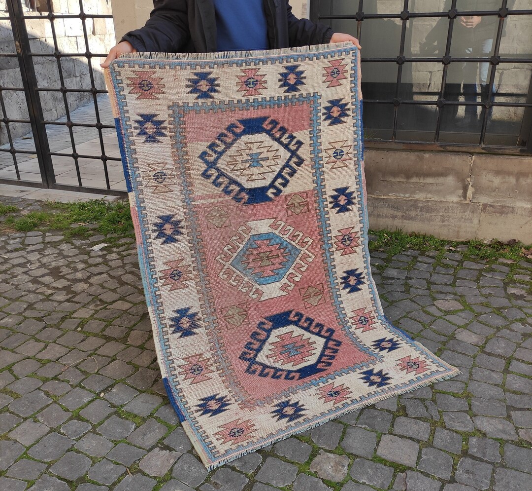 Vintage Turkish Nigde Kars Rug , Old Area Rug , 3.11'' X 4.72'' Ice ...