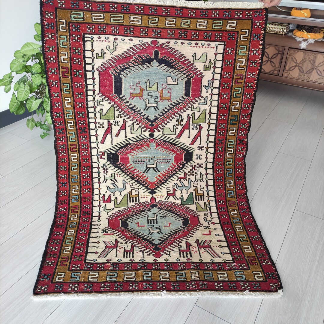 3x4 Zoo Motif Soumak Rug , Old Rug, FREE SHIPPING Rug, Boho Rug, 2.89 ...