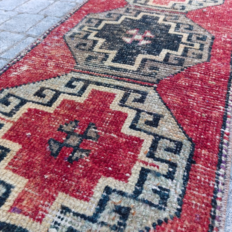Vintage Turkish Mini Rug: Boho Door Mat, Handmade Wool Rug (1.31 X 2.95 ...