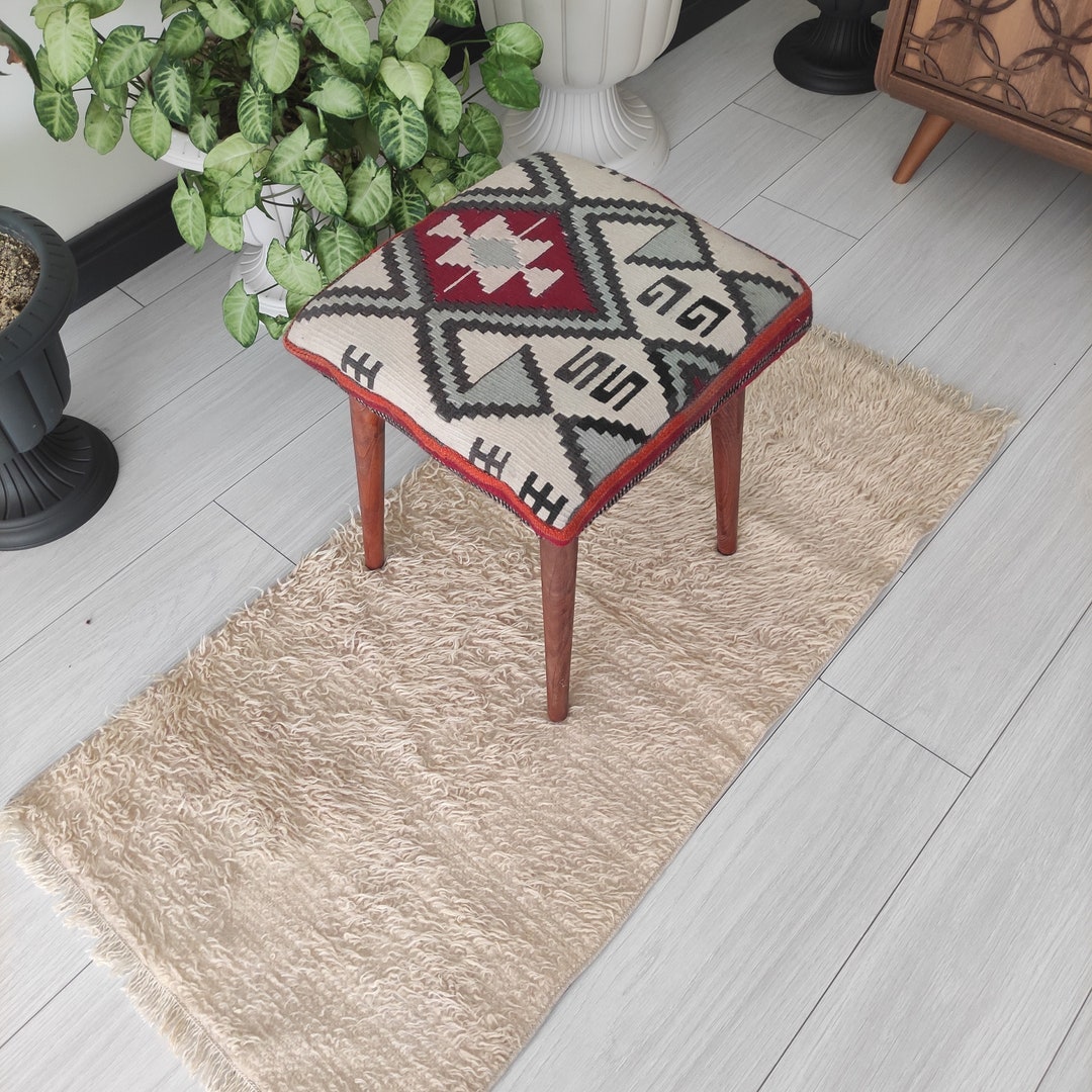 Vintage Kilim Stool: Cream Turkish Ottoman, Handcrafted Home Decor - Etsy
