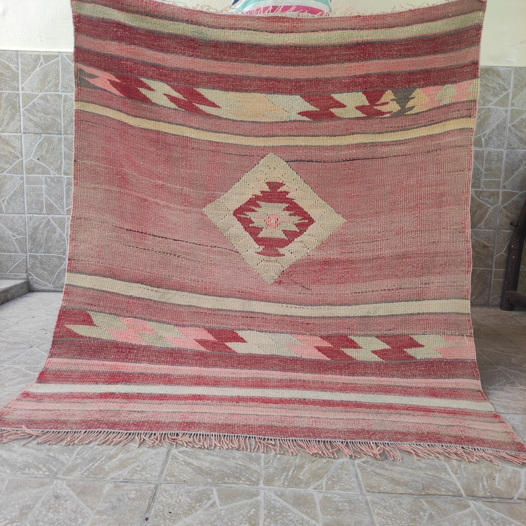 Coral , Carbuncle , Mulberry 3.61'' X 4.46'' Vintage Turkish Rug ...